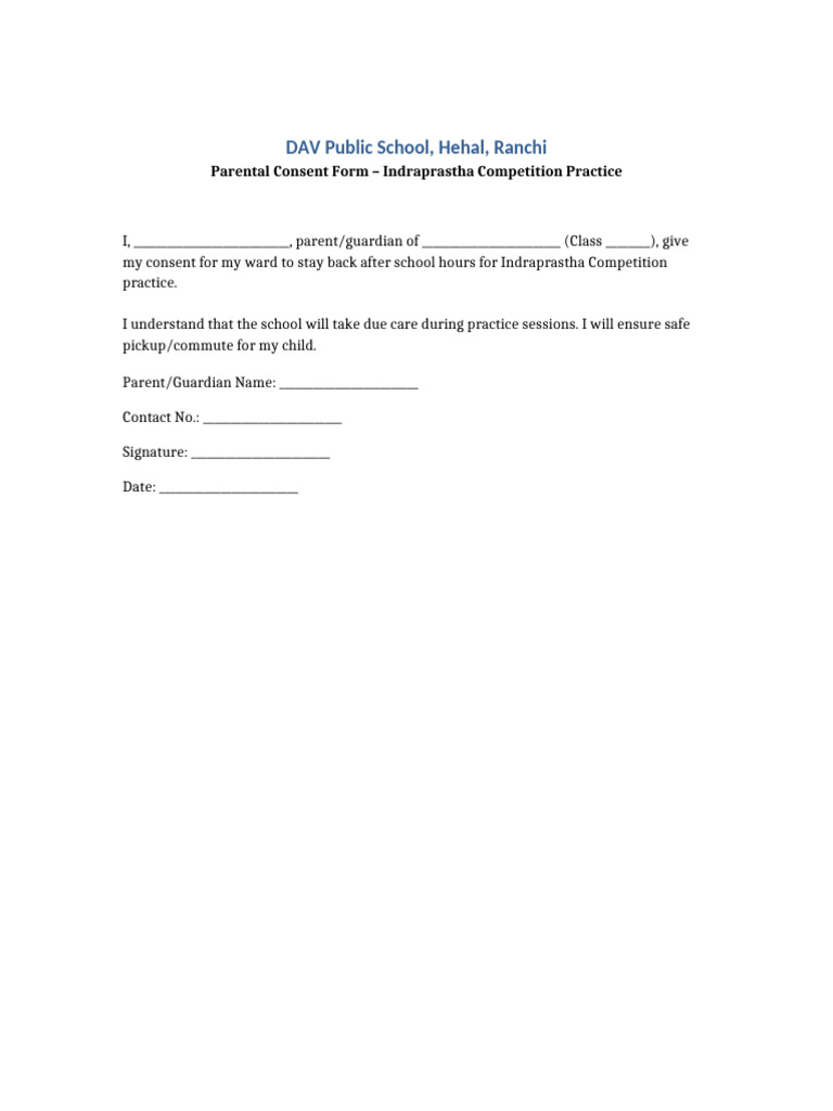 DAV Public School, Hehal, Ranchi: Parental Consent Form - Indraprastha ...