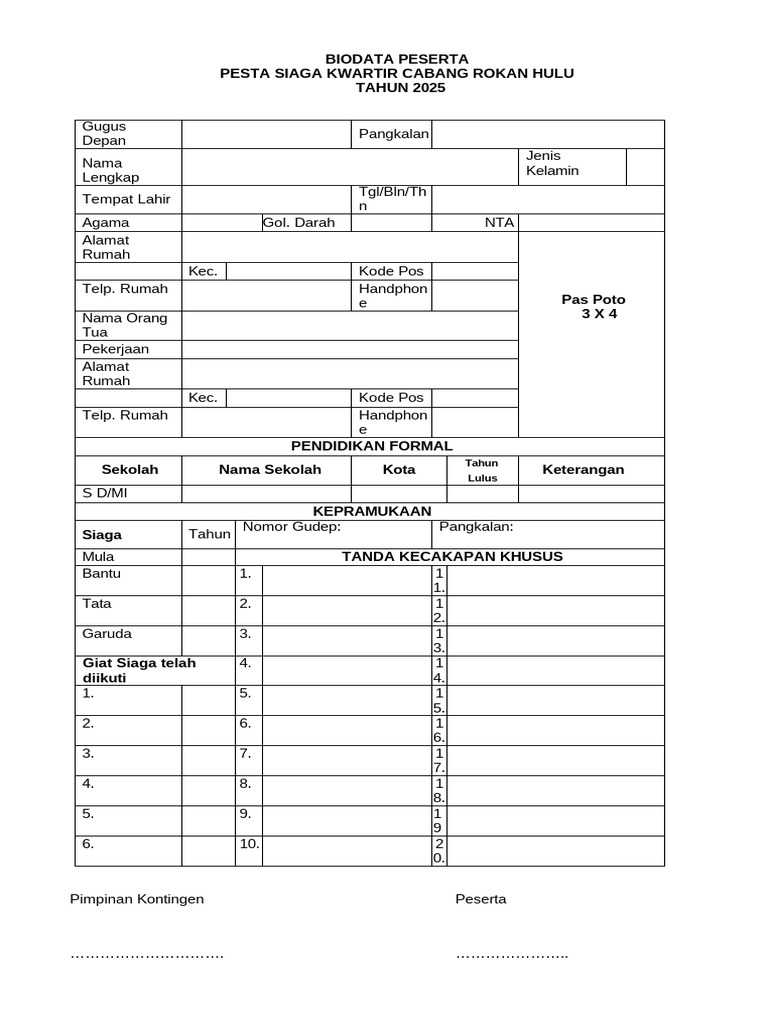 Form Biodata Peserta Pesta Siaga | PDF