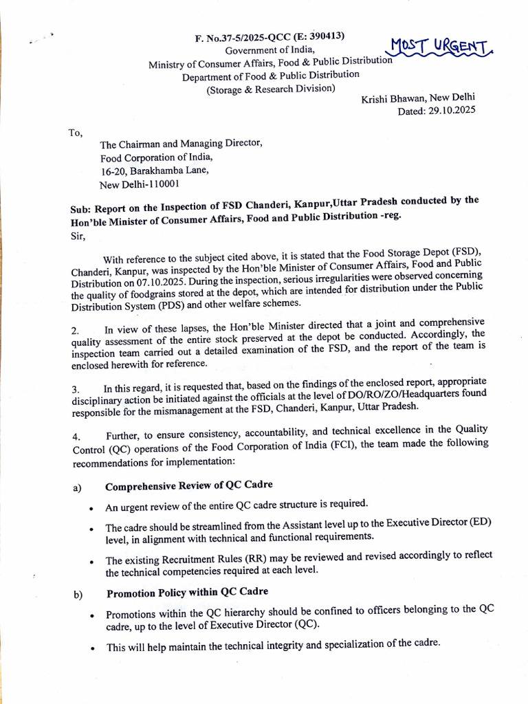 Letter To FCI Dated 29.10.2025 Reg Report On The Inspection of FSD ...
