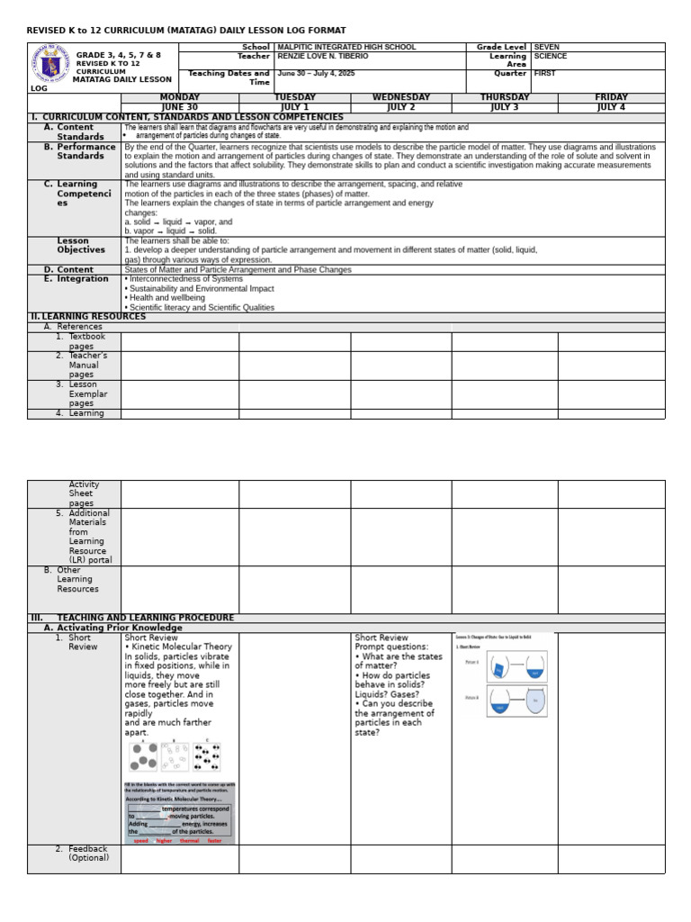W3Q1S7-KMT-States of Matter and Particle Arrangement and Phase Changes ...