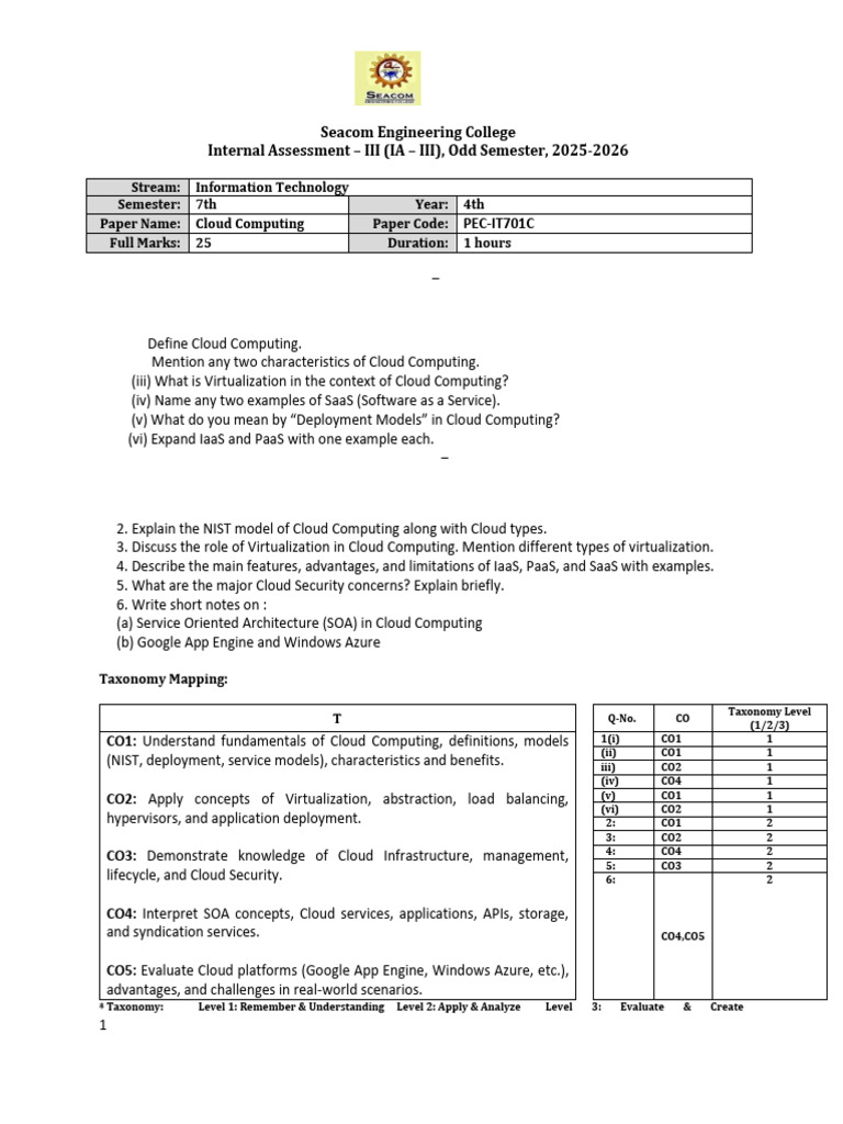 CA3 - IT - Cloud Computing Question Paper | PDF | Cloud Computing ...