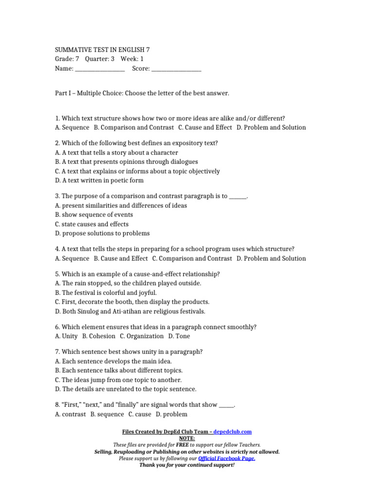 English 7 Summative Test Guide | PDF | Truth