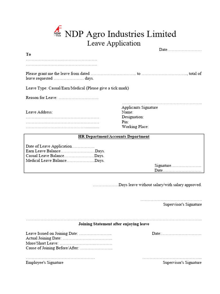 Leave Application - NDP Agro | PDF