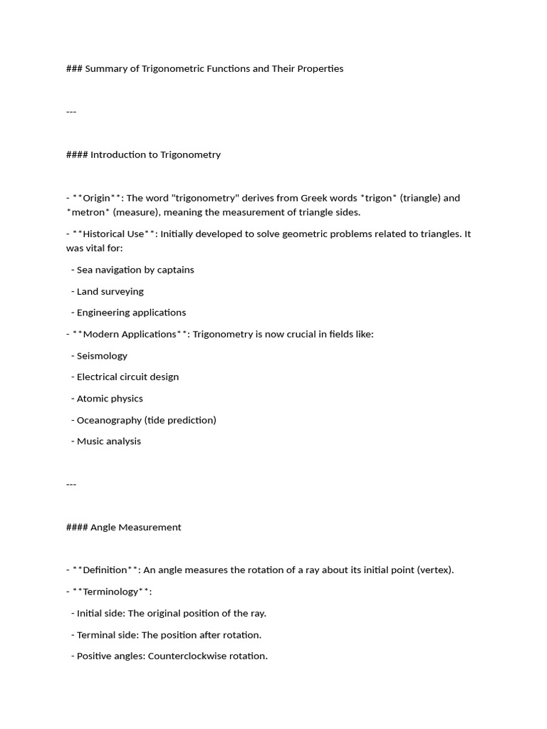Summary Of Trigonometric Functions And Their Properties Class 1th Maths