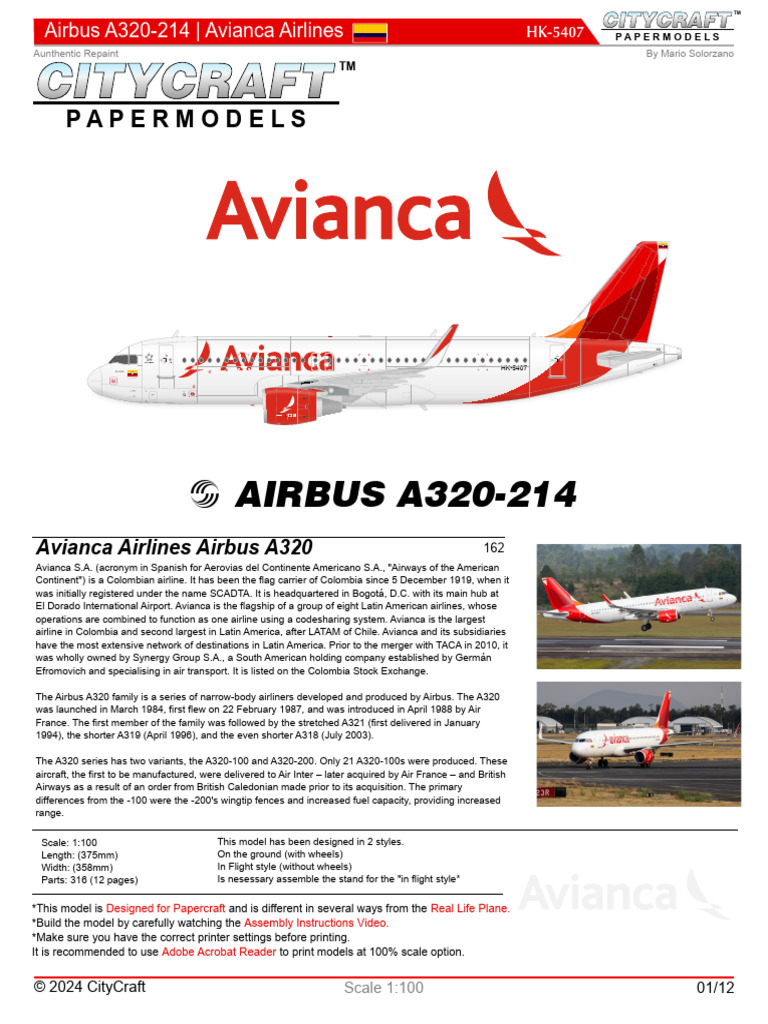 Avianca A320 Papercraft Model Guide | PDF | Aircraft | Civil Aviation