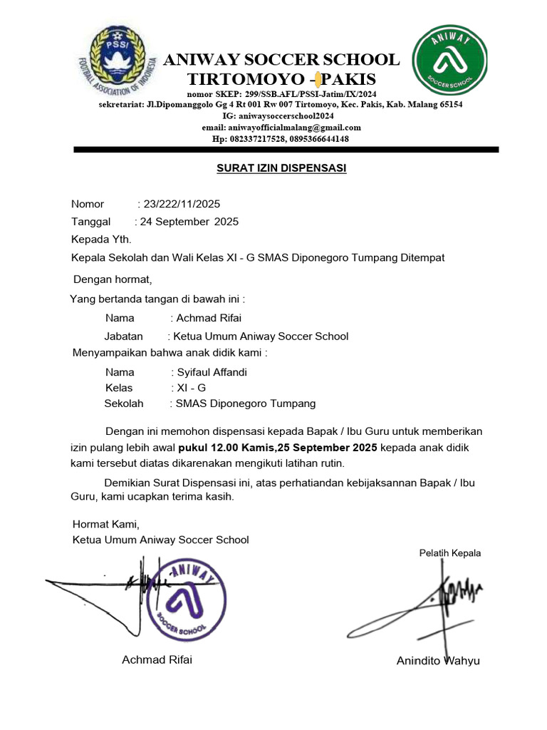 Surat Dispensasi Latihan Aniway Soccer | PDF
