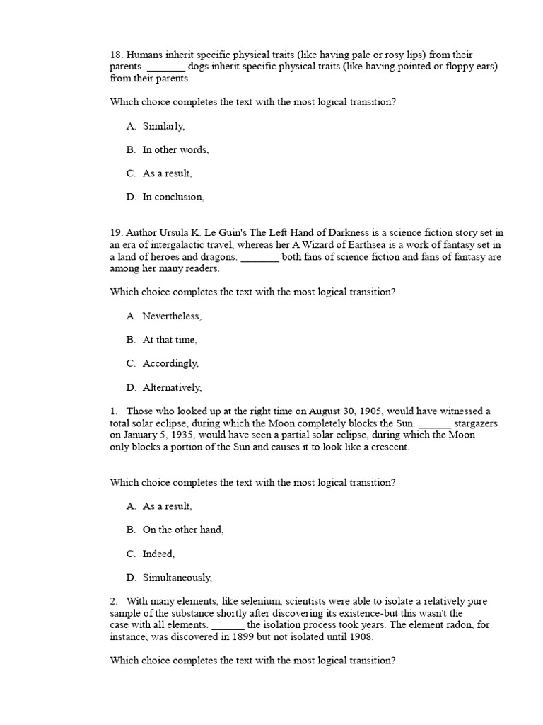 Logical Transitions in Text Completion | PDF | Food Web | Planets