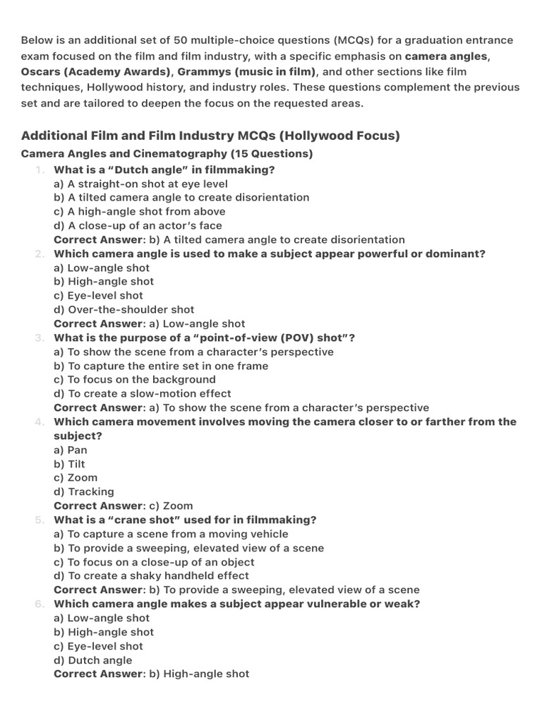 Film Industry MCQs: Oscars, Techniques, Roles | PDF | Camera Lens ...
