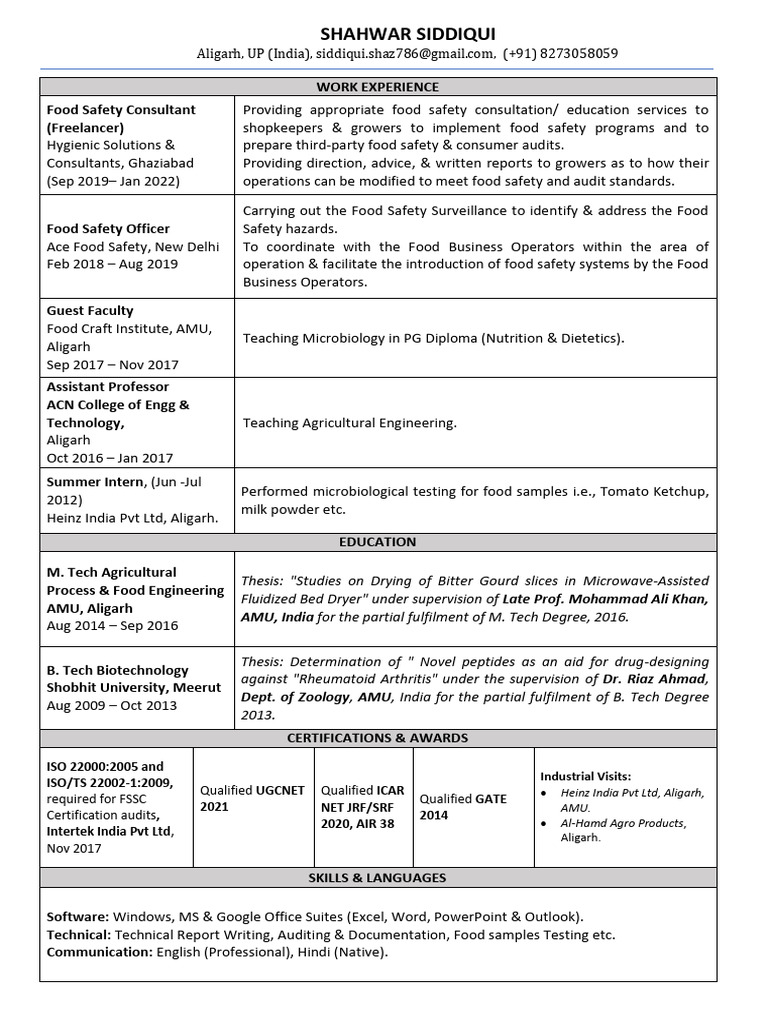 Shahwar Siddiqui CV PDF | PDF | Food Safety | Food Industry