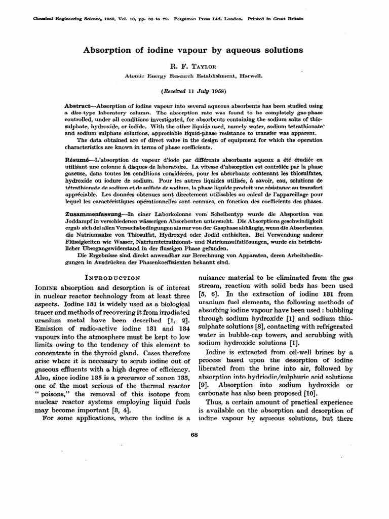 Iodine Vapour Absorption in Aqueous Solutions | PDF | Iodine | Liquids