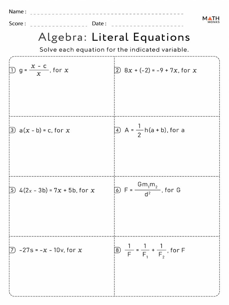 Algebra Literal Equations Worksheet | PDF