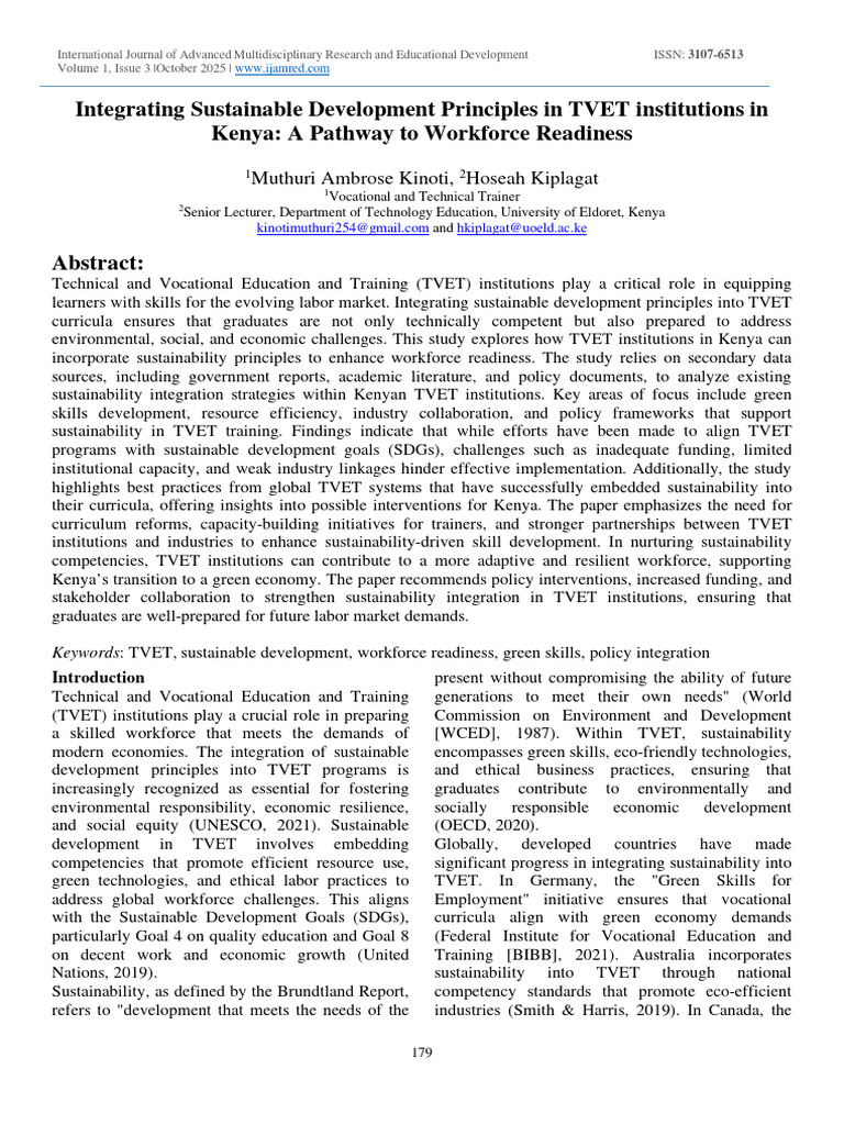 Integrating Sustainable Development Principles in TVET institutions in Kenya: A Pathway to ...