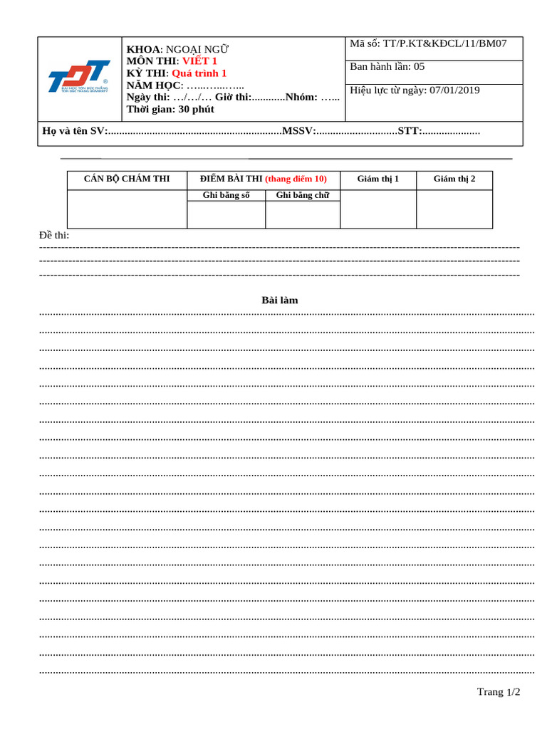 M02 - Máº«u kiá» m tra QUÃ TRÃ NH 1- Viáº¿t 1- 10% | PDF