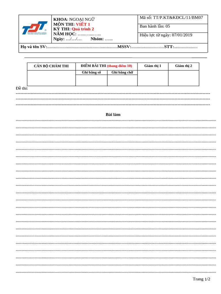 M03 - Máº«u kiá» m tra QUÃ TRÃ NH 2- Viáº¿t 1- 20% | PDF