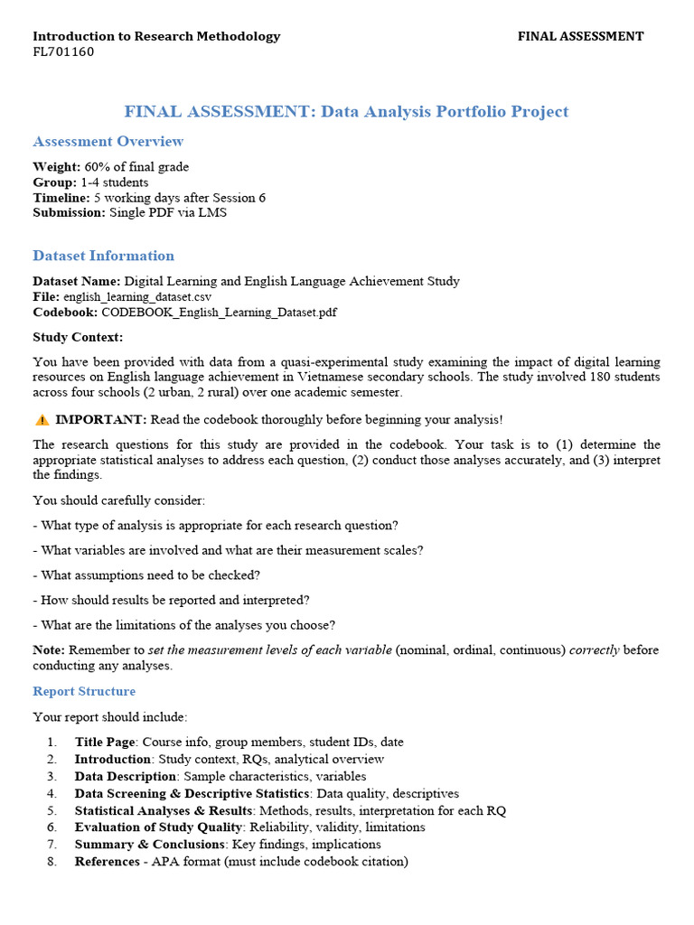 STUDENT INSTRUCTIONS Final Assessment | PDF | Statistics | Data