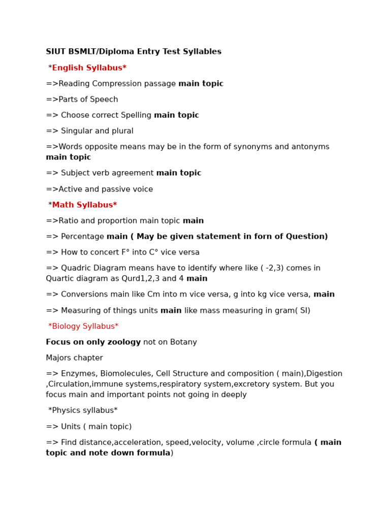 SIUT Entry Test Syllabus Overview | PDF