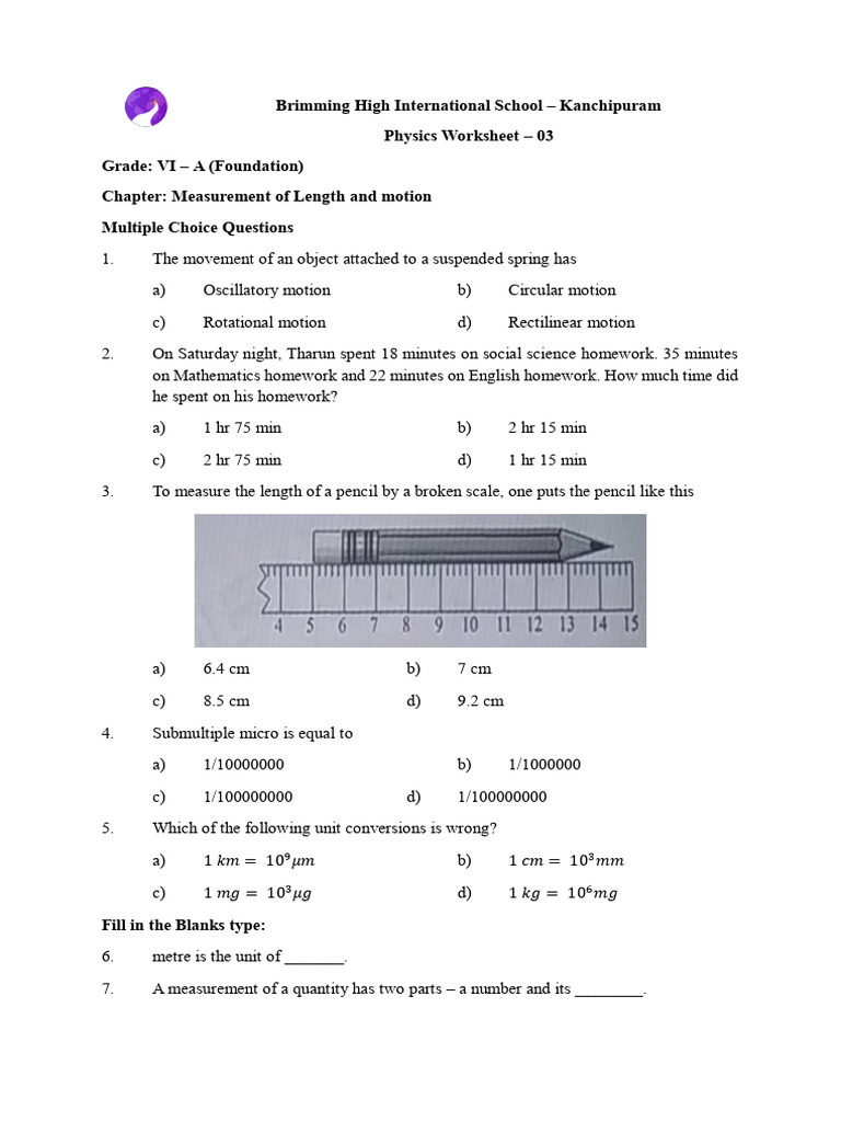 Grade VI Physics Worksheet: Length & Motion | PDF | Measurement | Quantity