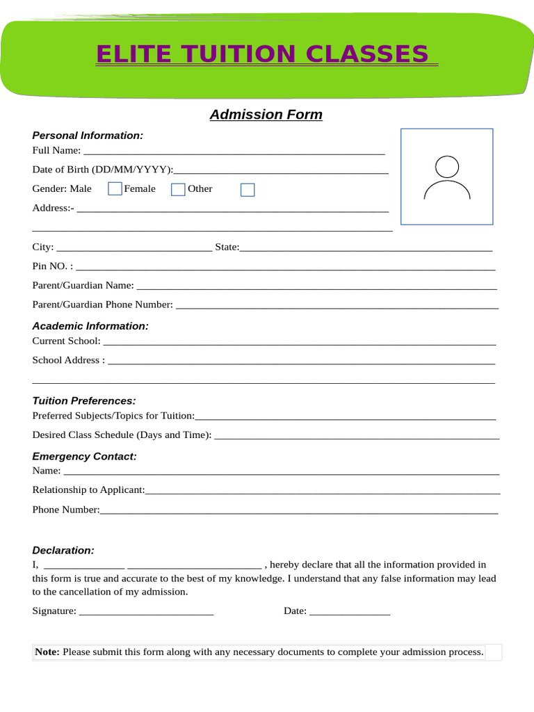 Elite Tuition Classes Admission Form | PDF