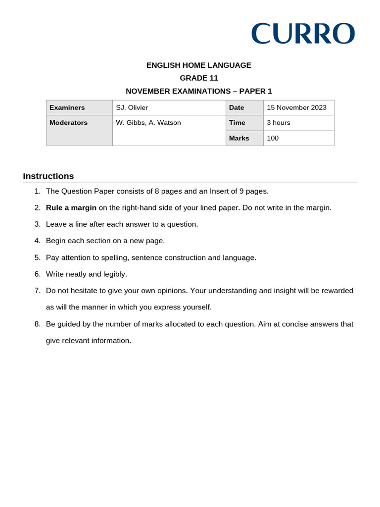 Grade 11 English Home Language Exam Paper | PDF | Poetry | Literacy