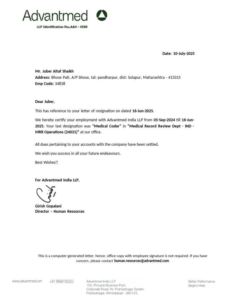 Employment Certification for Juber Shaikh | PDF
