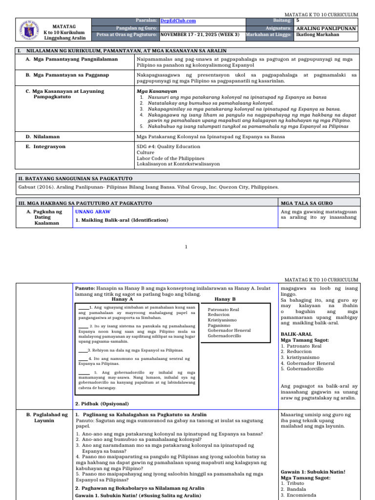 DLL Matatag - Ap 5 Q3 W3 | PDF