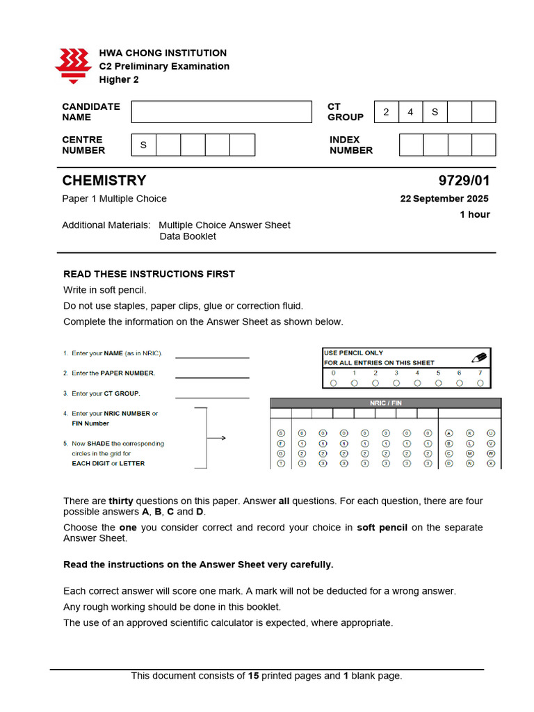 H2 Chemistry C2 Preliminary Exam 2025 | PDF | Chemical Compounds ...