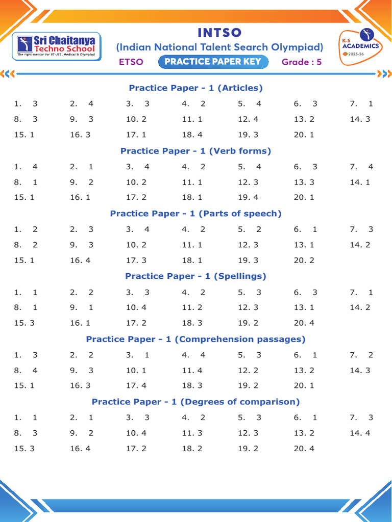 INTSO - ETSO - Grade-5 - Practice Papers Key - 2025 | PDF | Linguistics ...