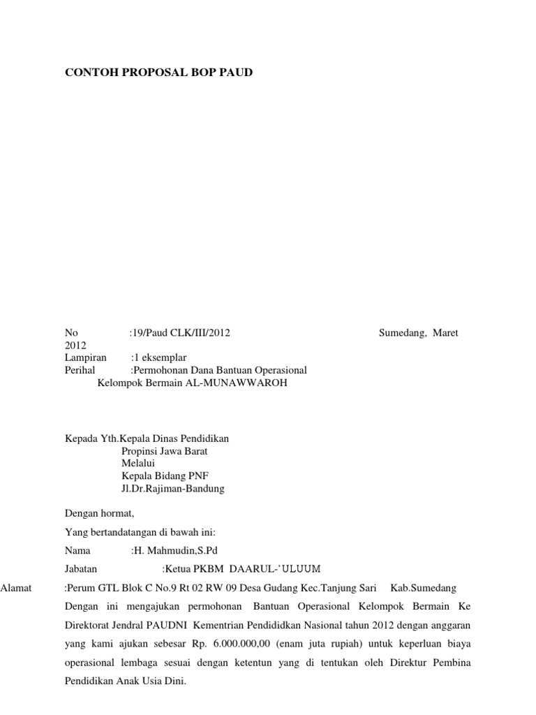 Contoh Proposal Bop Paud | PDF