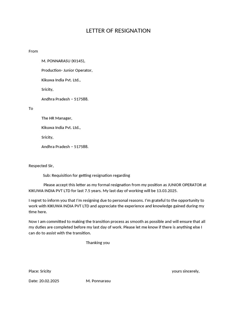 Resignation Letter from Junior Operator | PDF