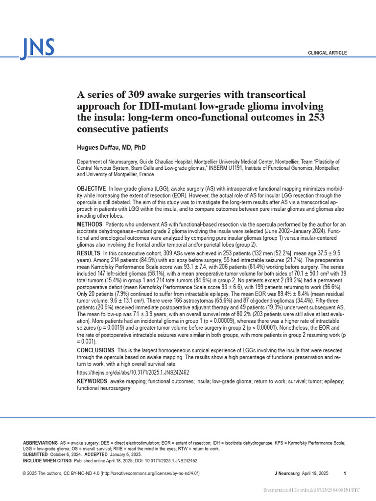J Neurosurg Article 10.3171 2025.1.JNS242462 | PDF | Glioma | Diseases ...
