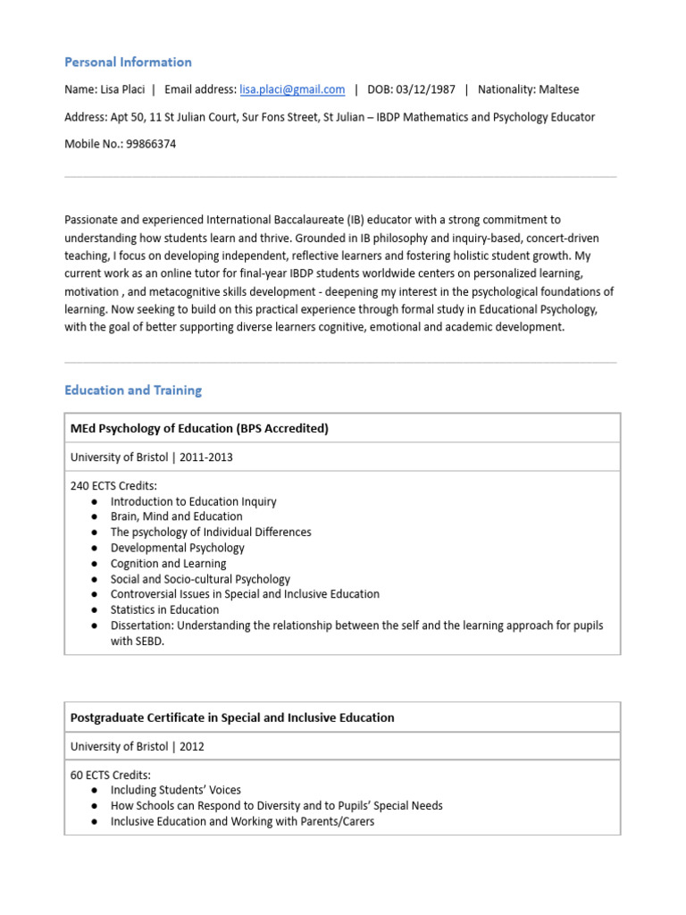 Lisa Placi IB Educator CV | PDF | Educational Psychology | Psychology