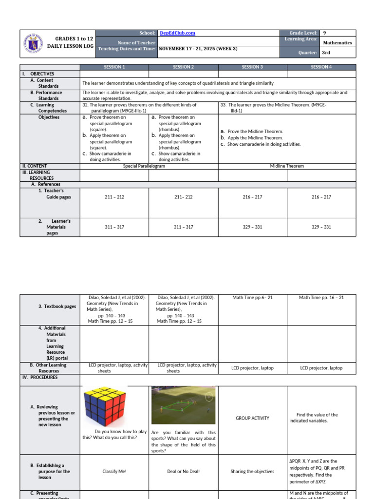 DLL Mathematics 9 q3 w3 | PDF | Perpendicular | Geometry