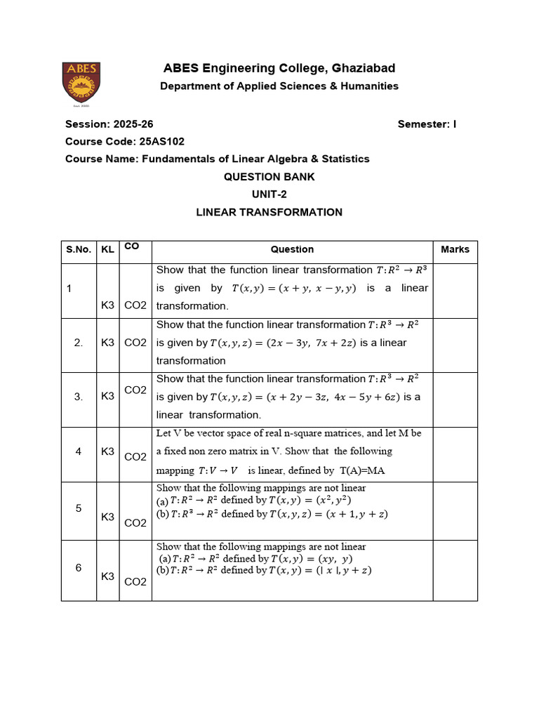Linear Transformations Question Bank | PDF | Linear Map | Operator ...