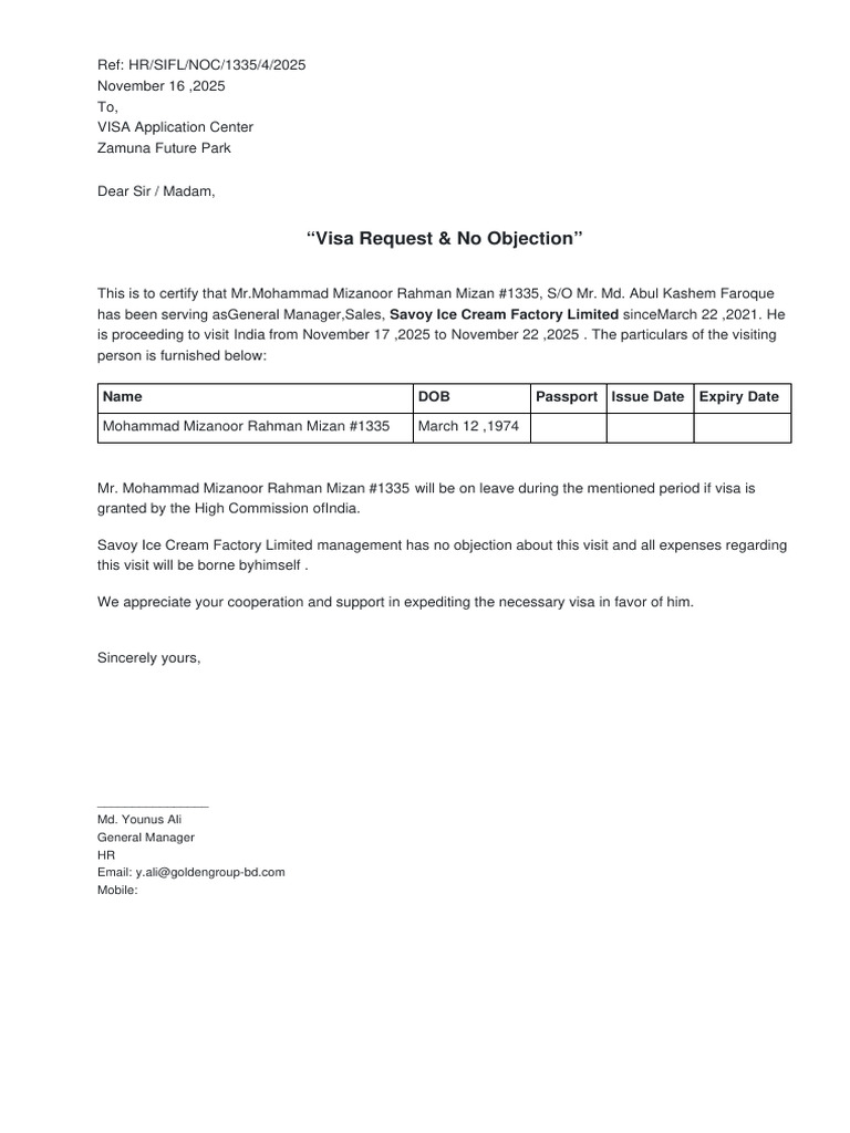 "Visa Request & No Objection": Name DOB Passport Issue Date Expiry Date ...