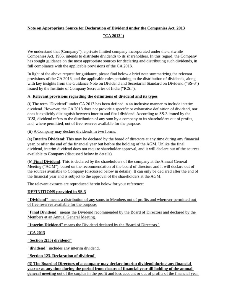 Note On Appropriate Source For Declaration of Dividend Under The ...