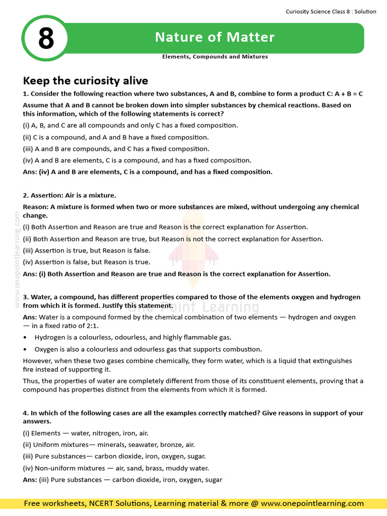 Class 8 Science: Elements, Compounds, Mixtures | PDF | Chemical ...