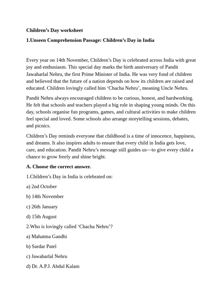 Children's Day Worksheet Nov | PDF