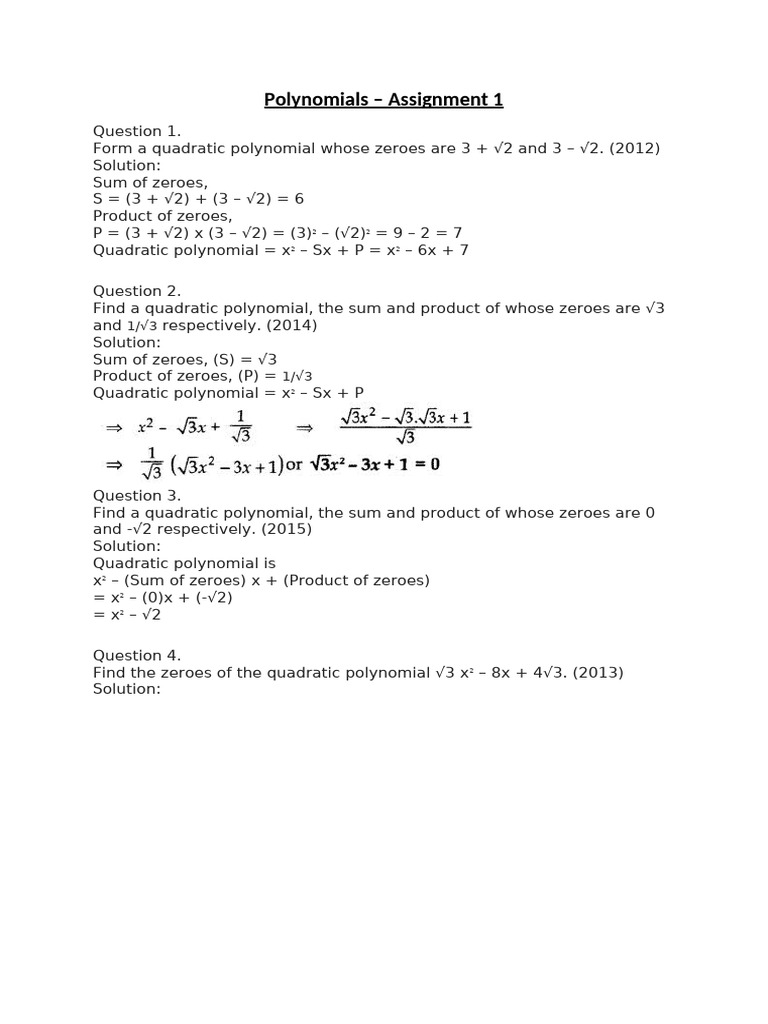 Quadratic Polynomials Assignment Solutions | PDF