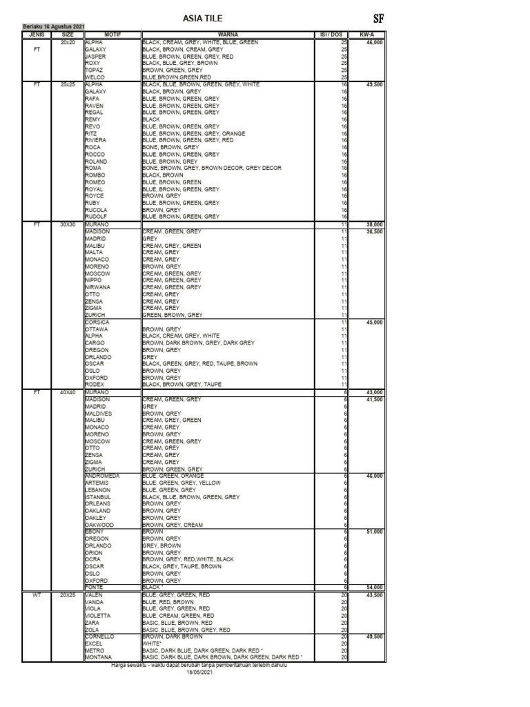 Asia - Price List Asia & Platinum 16 Agustus 2021 | PDF | Visual Perception | Color