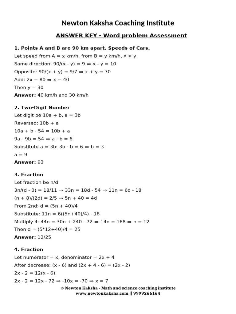 Word Problem Assessment Answers | PDF | Mathematics