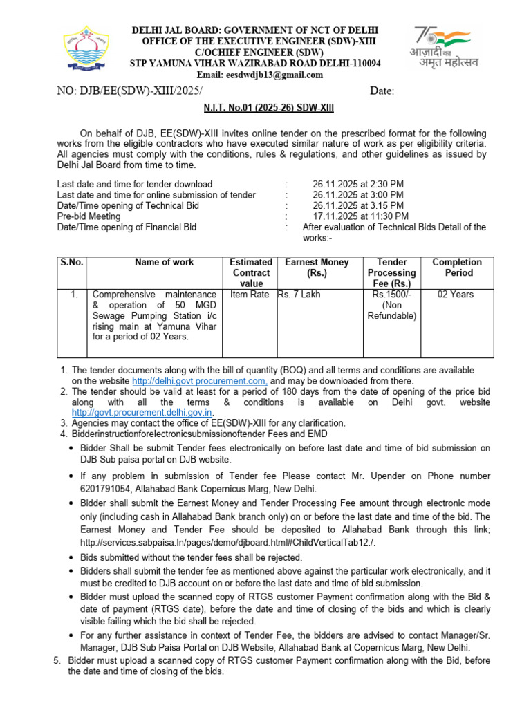 Delhi Jal Board Tender for SPS O&M | PDF