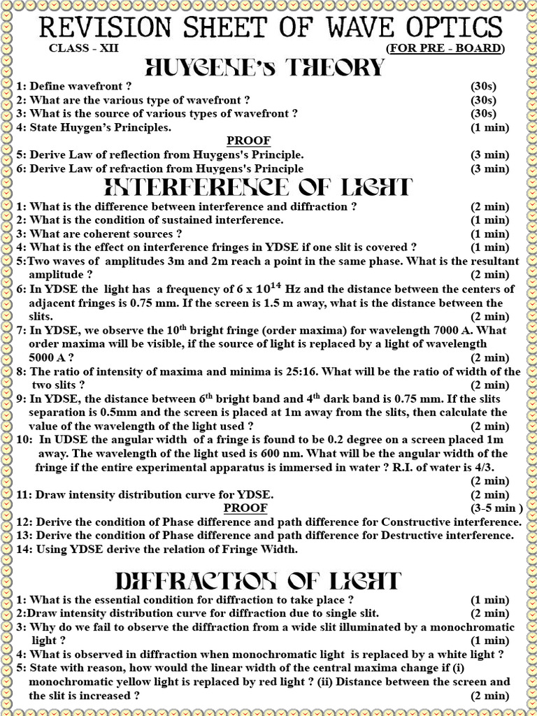 Revison Sheet Pre Board Wave Optics | PDF | Diffraction | Wavelength