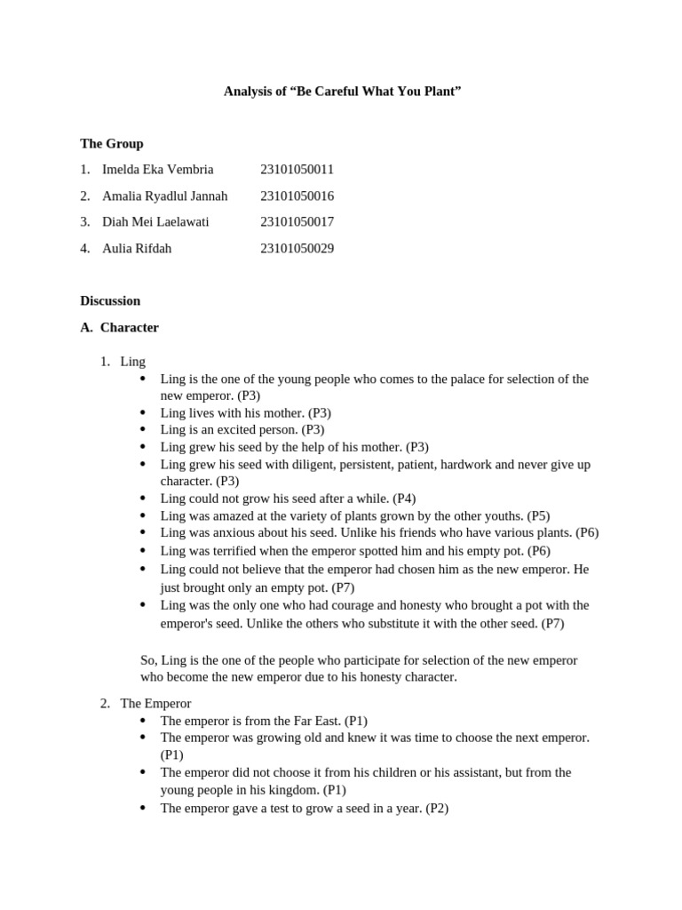 "Character Analysis of 'Be Careful What You Plant'" | PDF