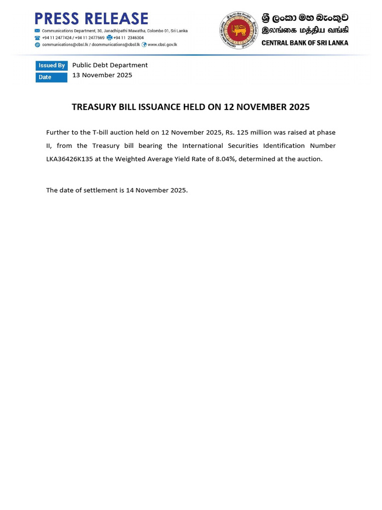 Treasury Bill Auction Results - Nov 2025 | PDF