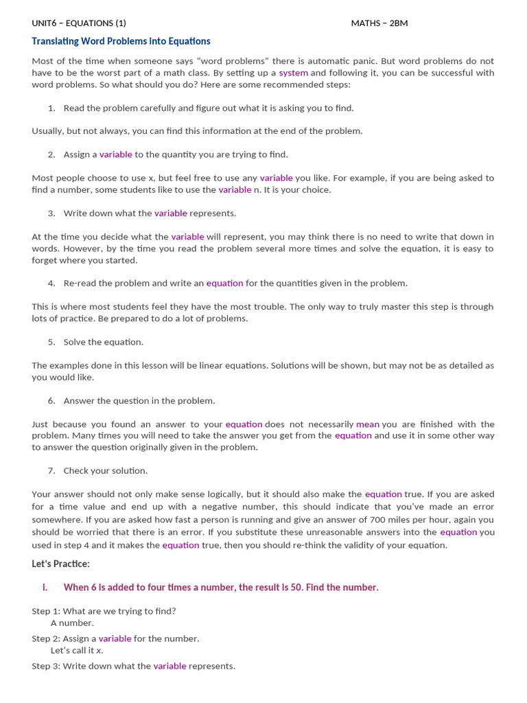 2BM-Translating Word Problems Into Equations STUDENT | PDF | Equations ...