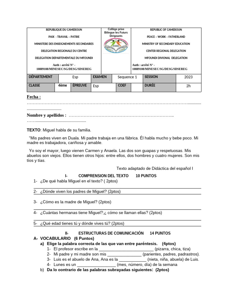 Examen de Español 4º Clase 2023 | PDF | Gramática | Lingüística