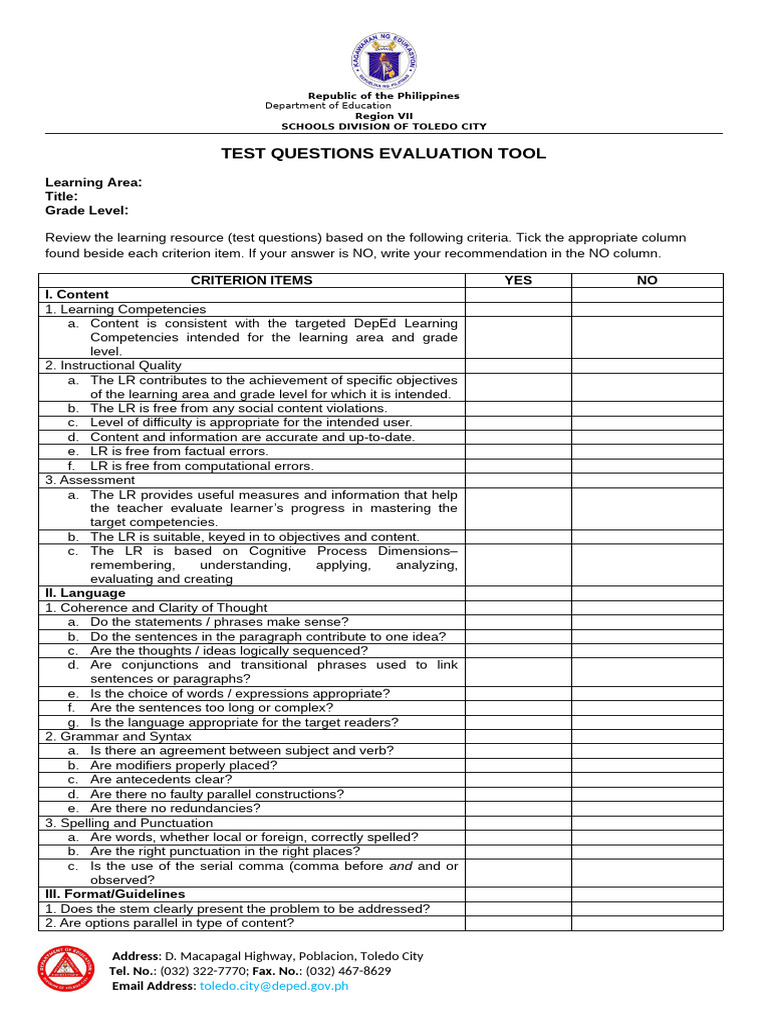 Test Questions Evaluation Tool Guide | PDF | Educational Assessment ...