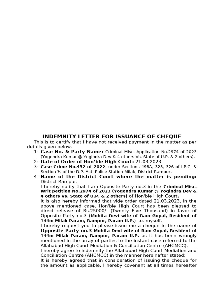 Indemnity Letter for Cheque Issuance | PDF | Justice | Crime & Violence