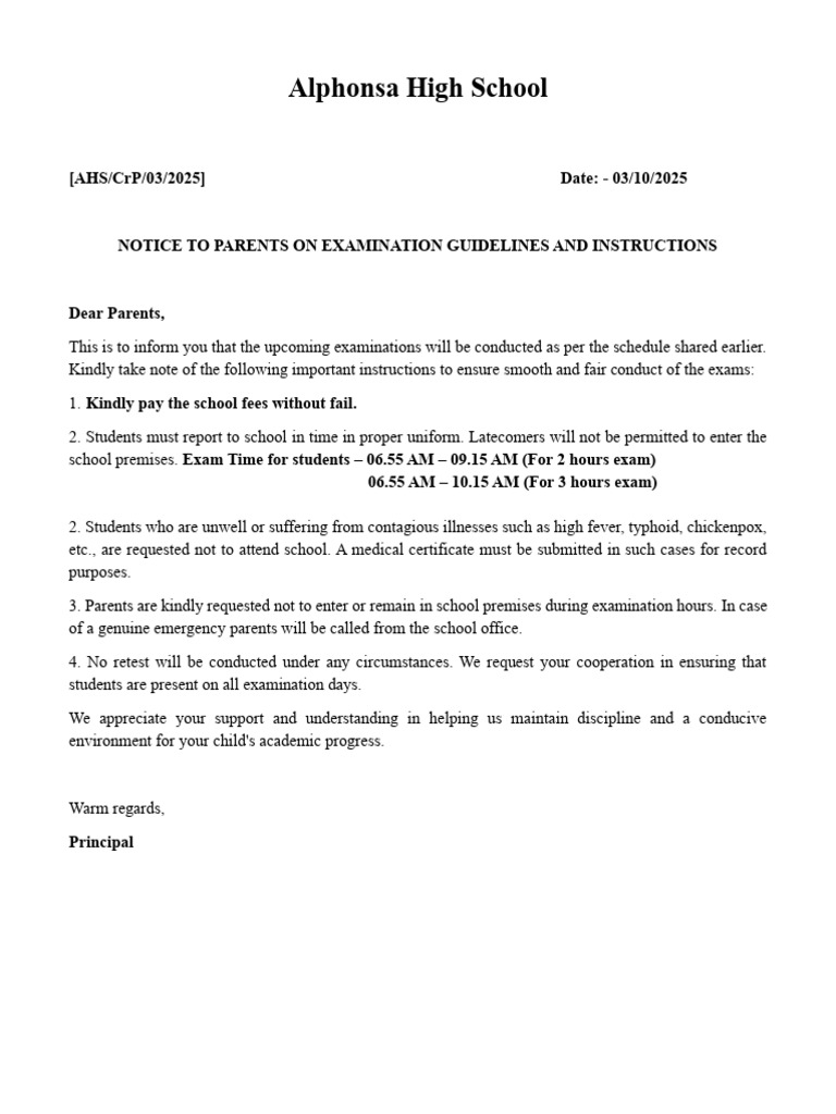 Exam Guidelines for Parents at AHS | PDF