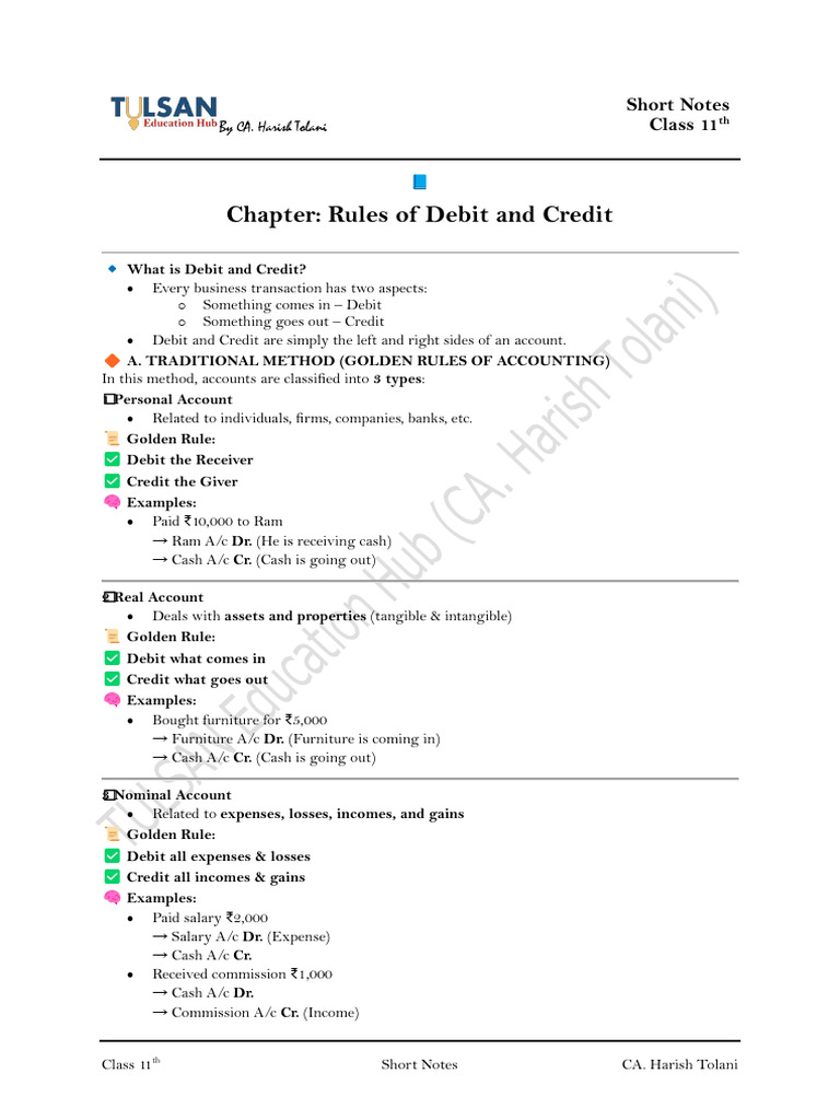 Short Notes - Rules of Debit and Credit | PDF | Debits And Credits ...